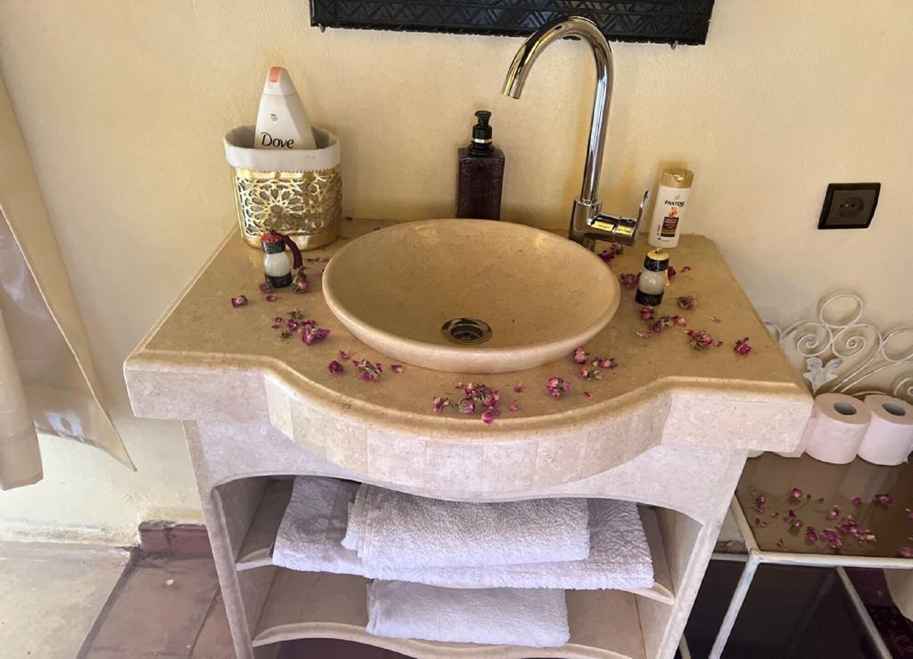 Uma pia de banheiro com um vaso decorativo, dispensador de sabonete e porta-toalhas.