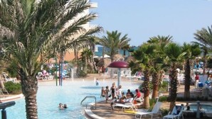 Área de piscina com palmeiras, espreguiçadeiras e um elemento aquático.