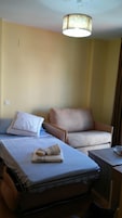 Apartamento básico, 1 quarto | Área de estar | TV 32 polegadas com canais via satélite