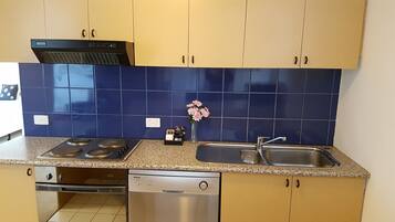 Um frigorífico, um micro-ondas, um forno, uma placa de cozinha