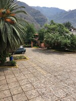 Pátio pavimentado com uma palmeira, um carro e um edifício com parede de pedra e um portão.