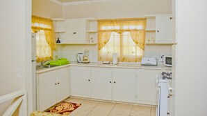 Cozinha compacta com armários brancos, micro-ondas, chaleira e escorredor de pratos verde.