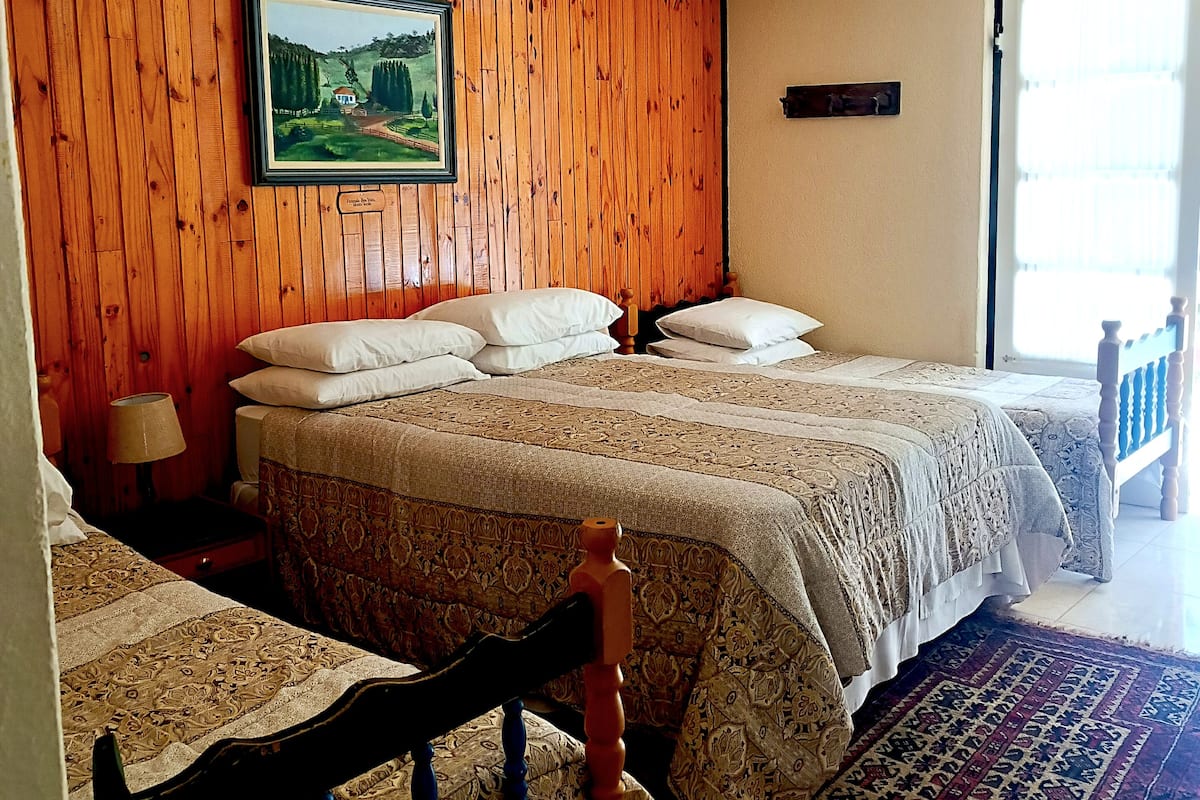 Quarto com duas camas, parede de madeira, quadro emoldurado e vista para o exterior.