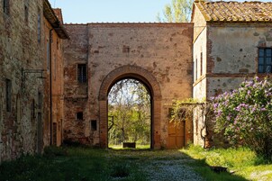 Um arco de pedra entre dois edifícios, uma área gramada e um arbusto florido.