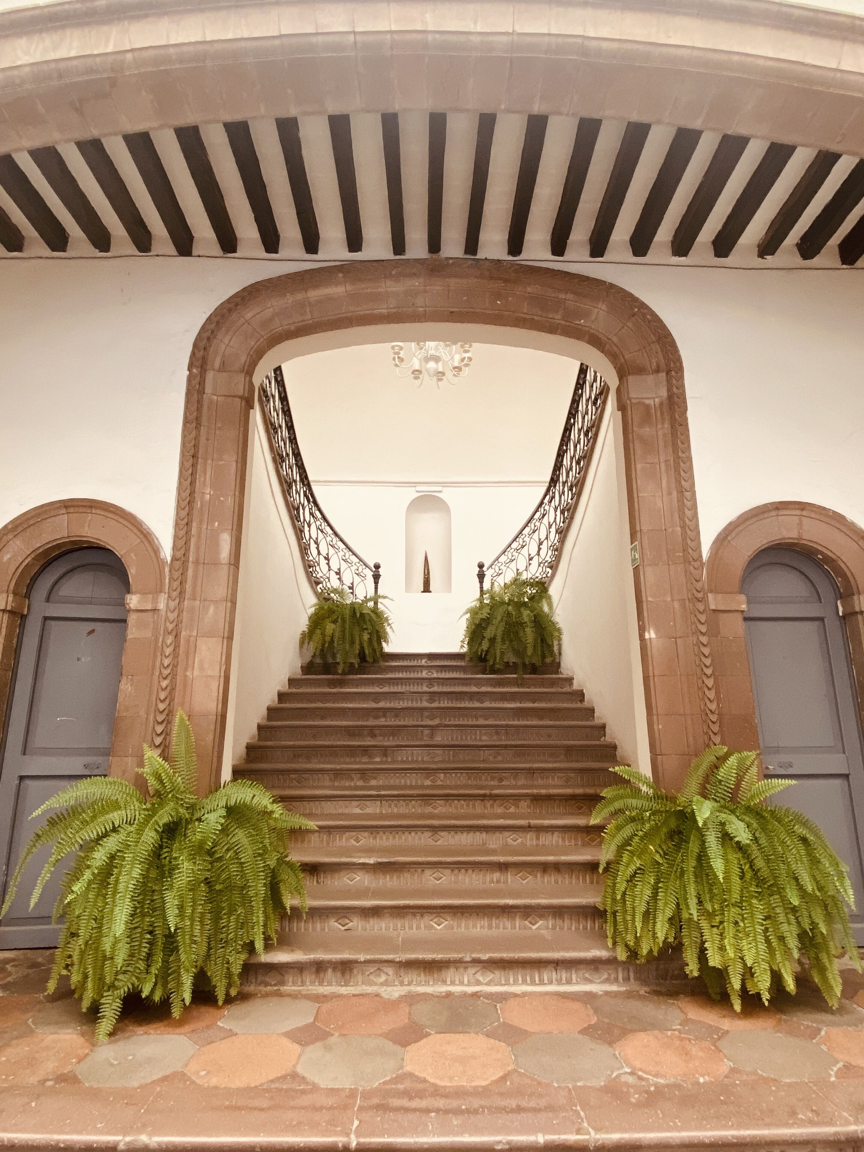 Uma escadaria imponente com um arco decorativo, ladeada por duas samambaias em vasos, que leva a uma entrada com um candelabro.