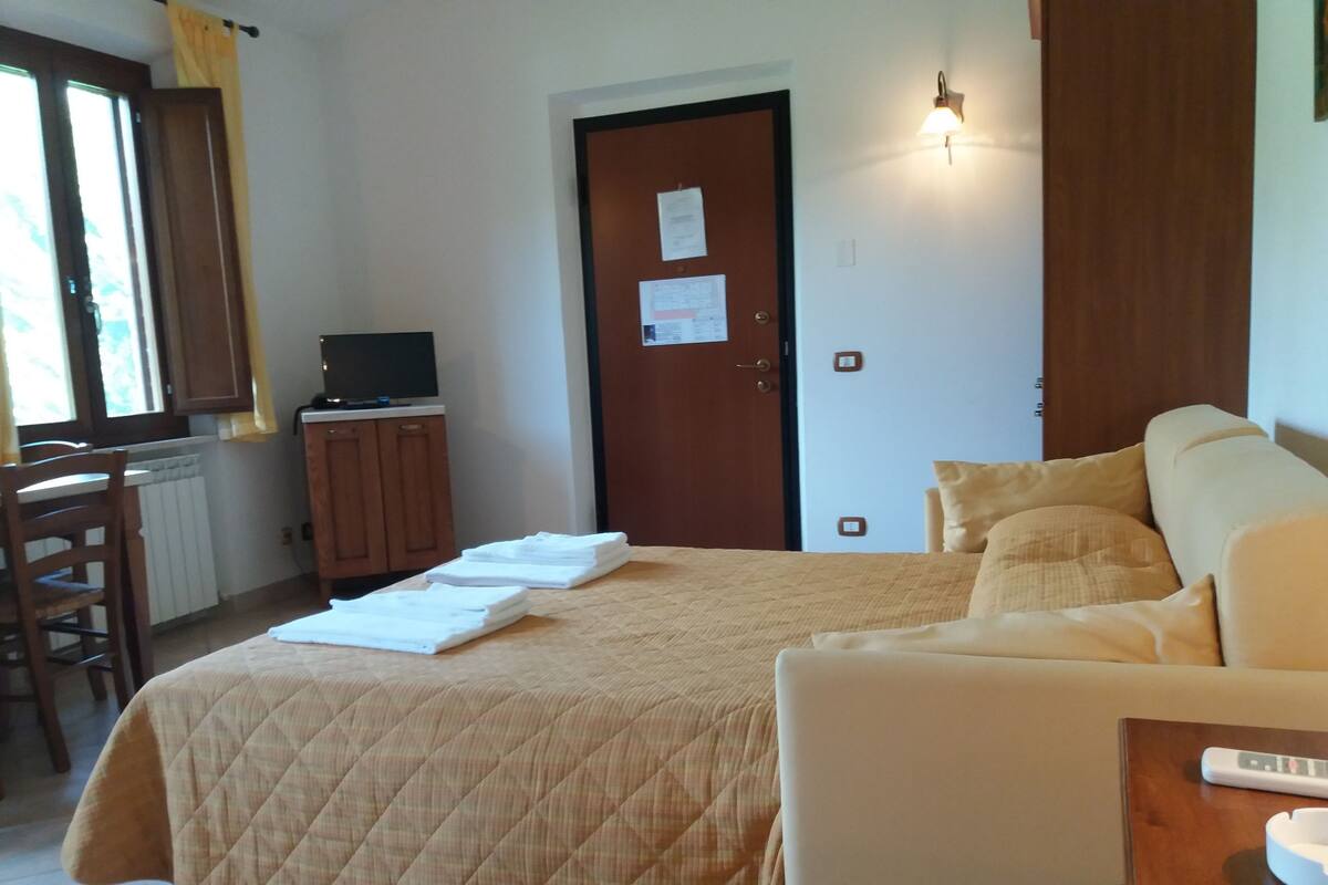 Quarto de hotel com cama, sofá, escrivaninha com televisão e porta com aviso.