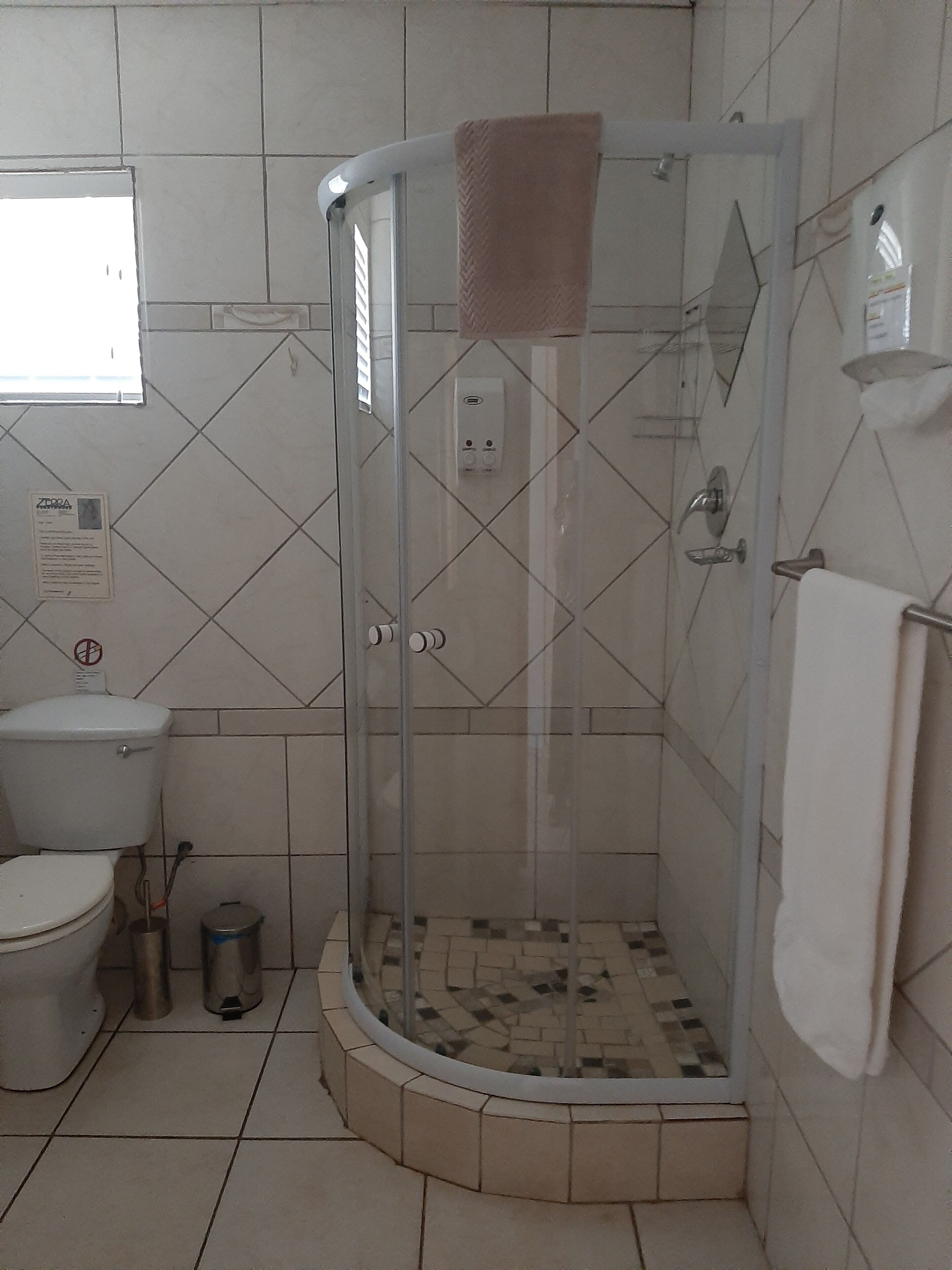 Casa de banho com chuveiro envolto em vidro, sanita e lavatório.