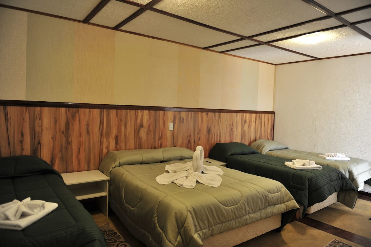 Quarto de hotel com duas camas de solteiro, cabeceira de madeira e uma mesinha de cabeceira.