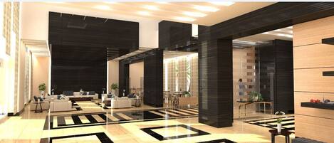Um hall amplo com piso em padrão preto e branco, móveis modernos e um balcão de recepção.