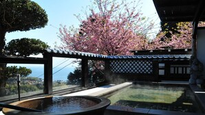 Um jardim japonês tradicional com uma nascente de pedra, cerejeiras em flor e vista para o mar.