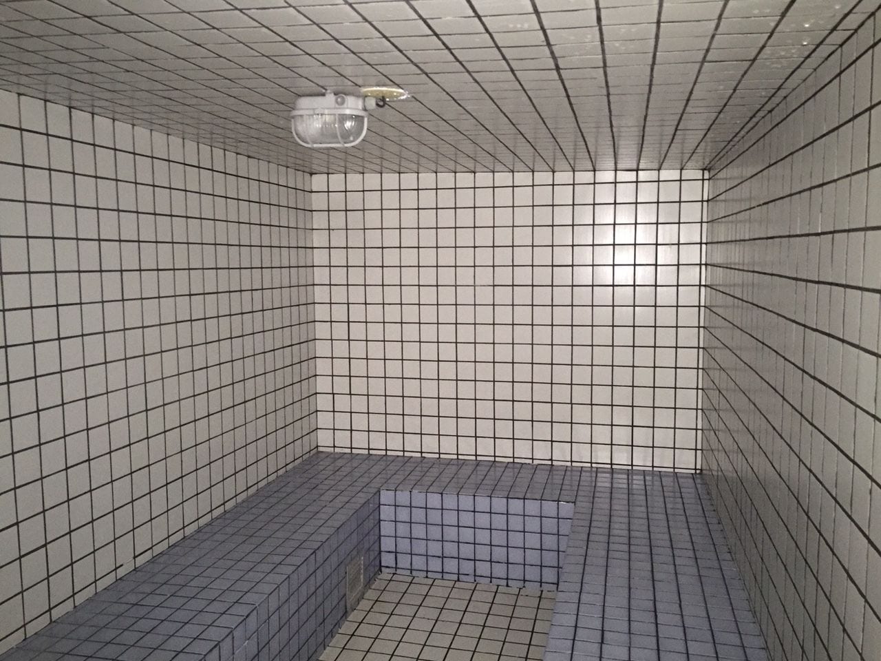 Um banheiro com revestimento de azulejos, área de chuveiro e vaso sanitário.