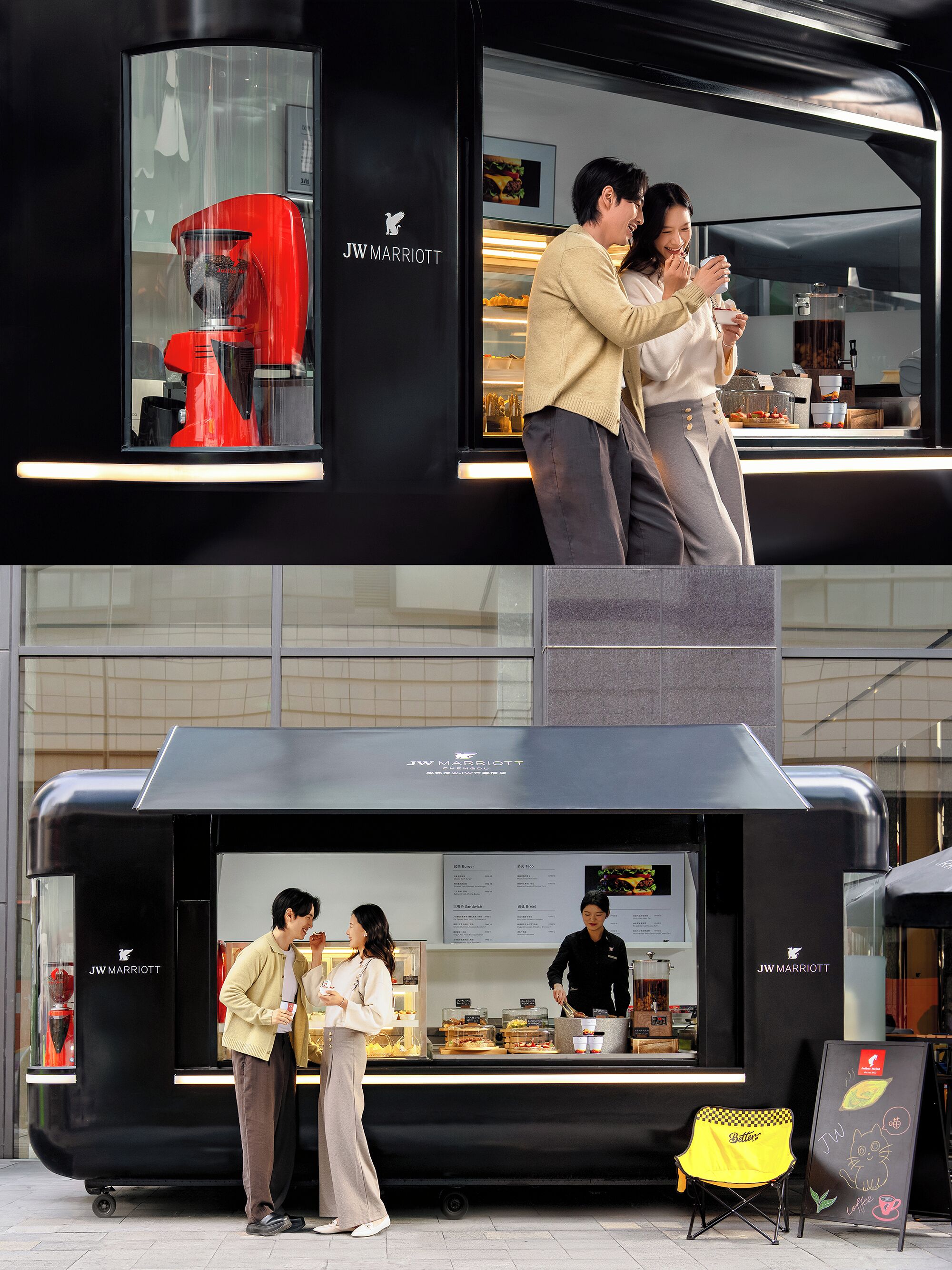 Food truck da JW Marriott com cardápio, área de estar e balcão de atendimento.