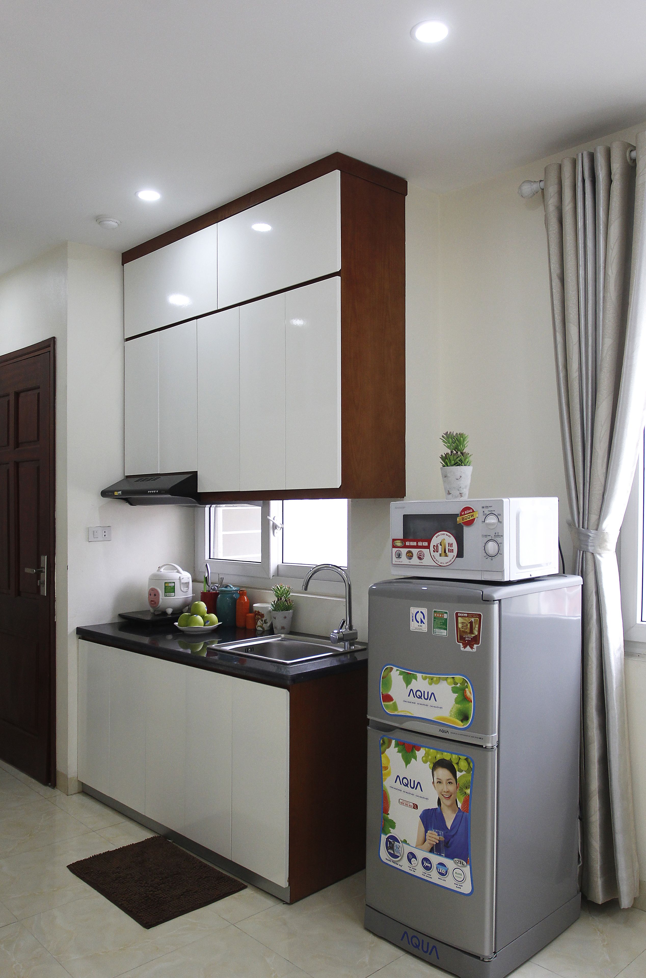 Apartamento de Luxo, 1 quarto | Cozinha privada | Um frigorífico, um micro-ondas, uma placa de cozinha 