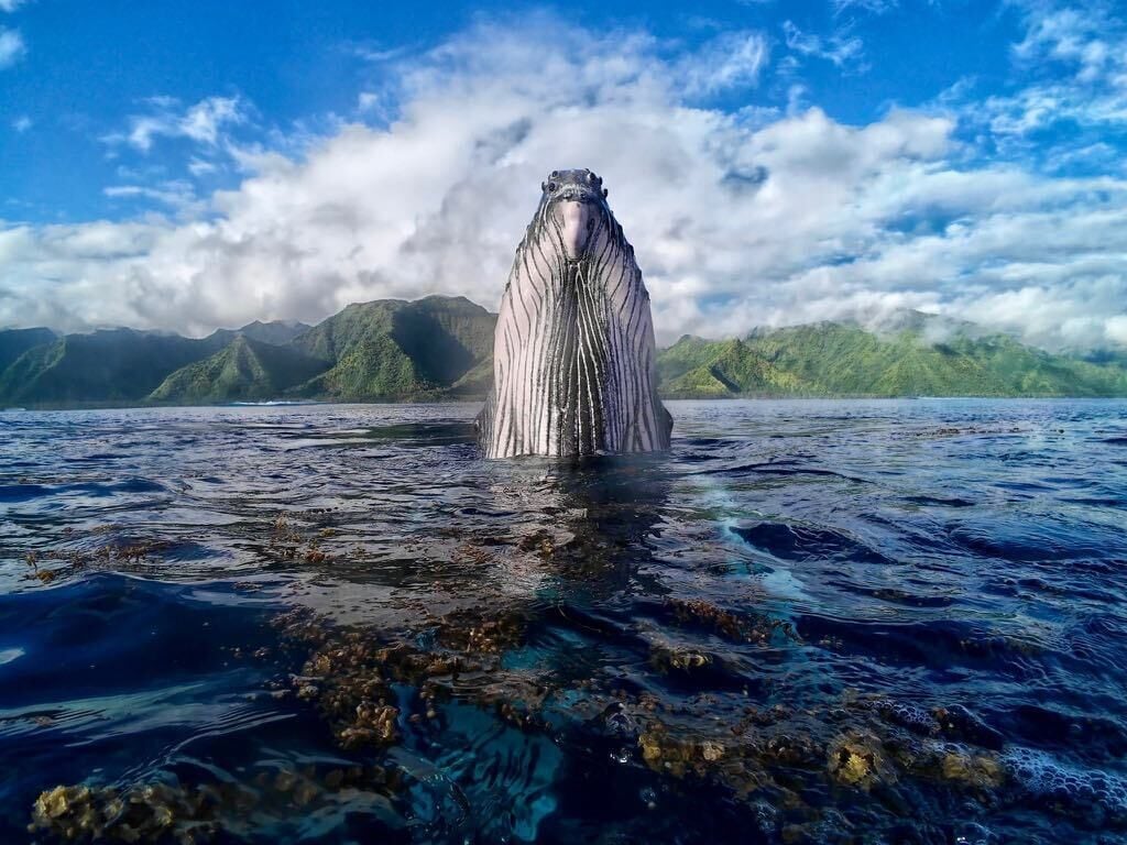 Uma foca em águas cristalinas, com montanhas ao fundo.