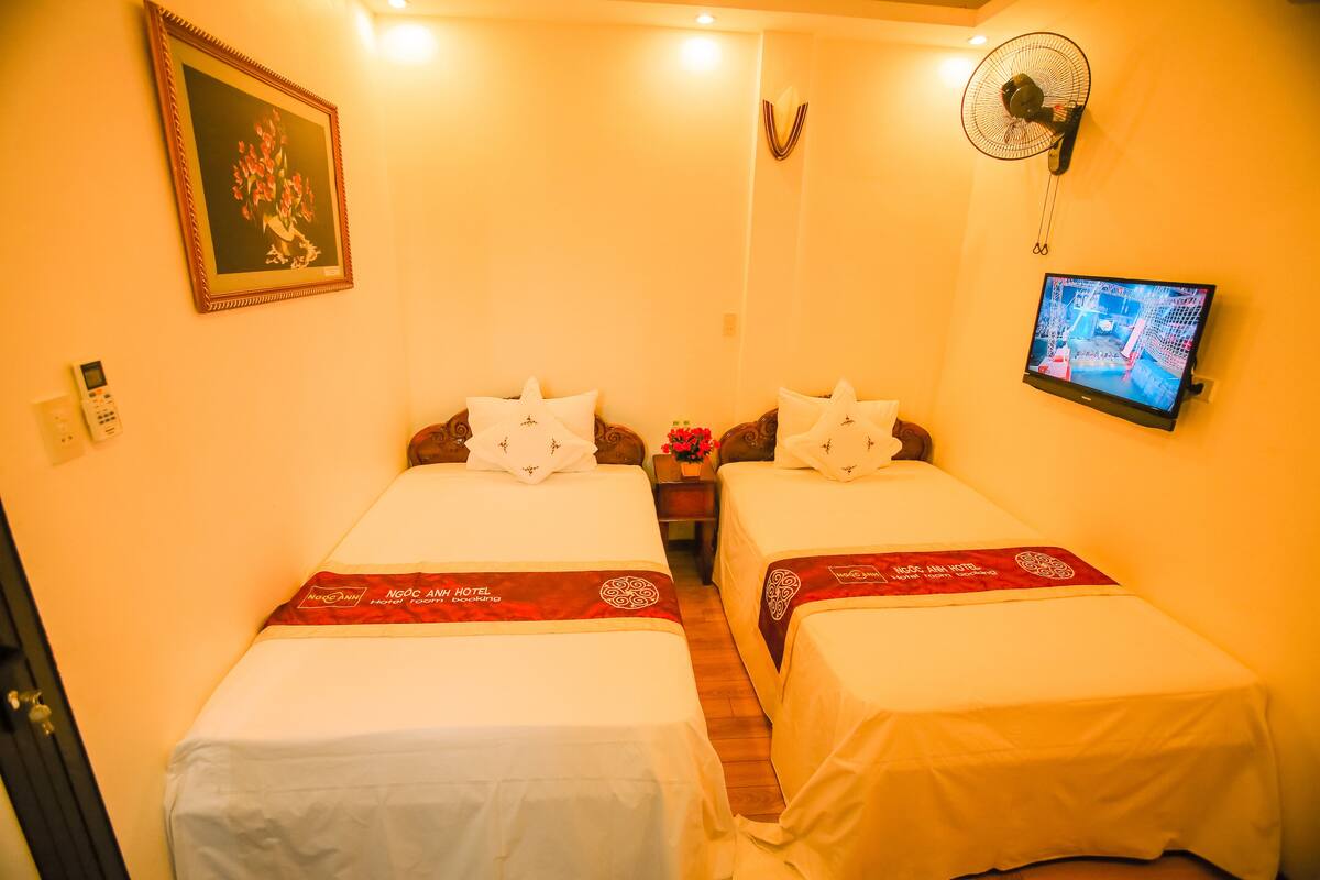 Quarto de hotel com duas camas, uma televisão, um ventilador e um quadro na parede.