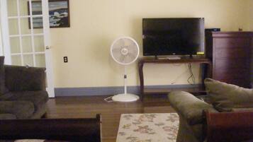 Sala de estar com televisão, ventilador e tapete estampado com flores.