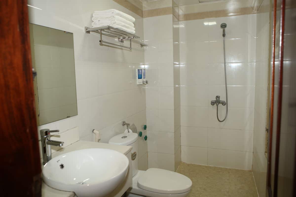Casa de banho com lavatório, sanita e chuveiro.