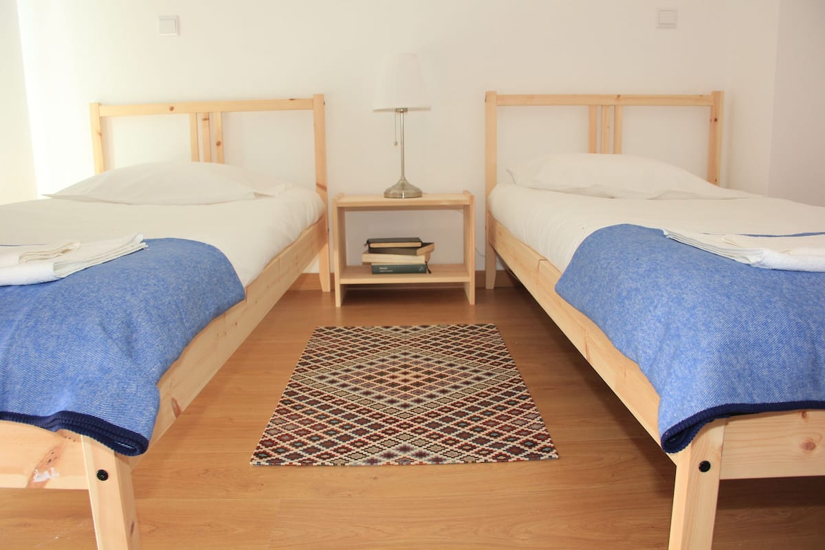 Um quarto com duas camas de madeira, uma pequena mesa de cabeceira com abajur, e um tapete estampado no chão.