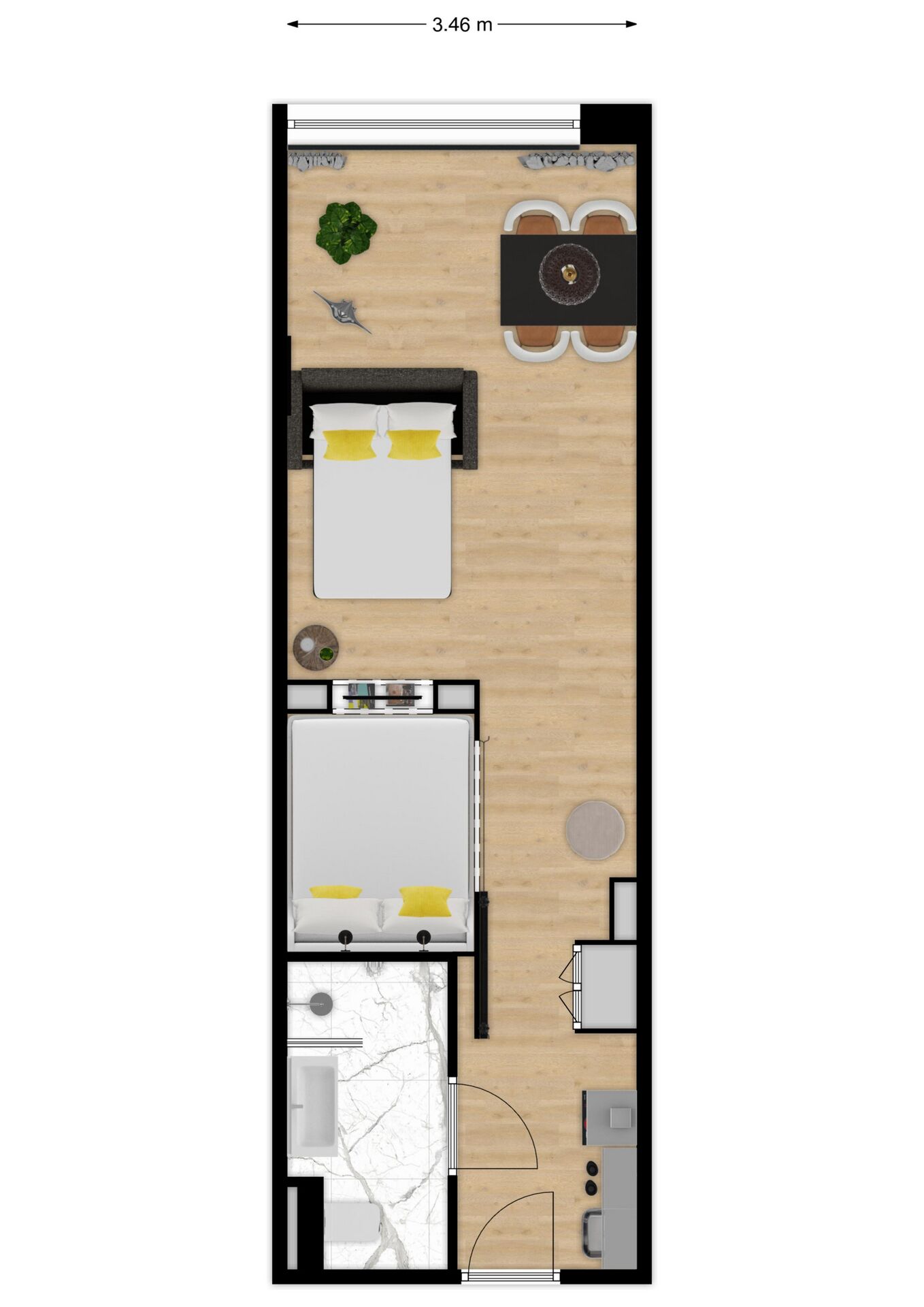 Quarto com 3,46 metros de comprimento, com cama, mesa de cabeceira e um pequeno espaço de estar.
