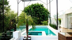 Uma área de piscina interior moderna com guarda-corpos de vidro, uma palmeira e vegetação exuberante.