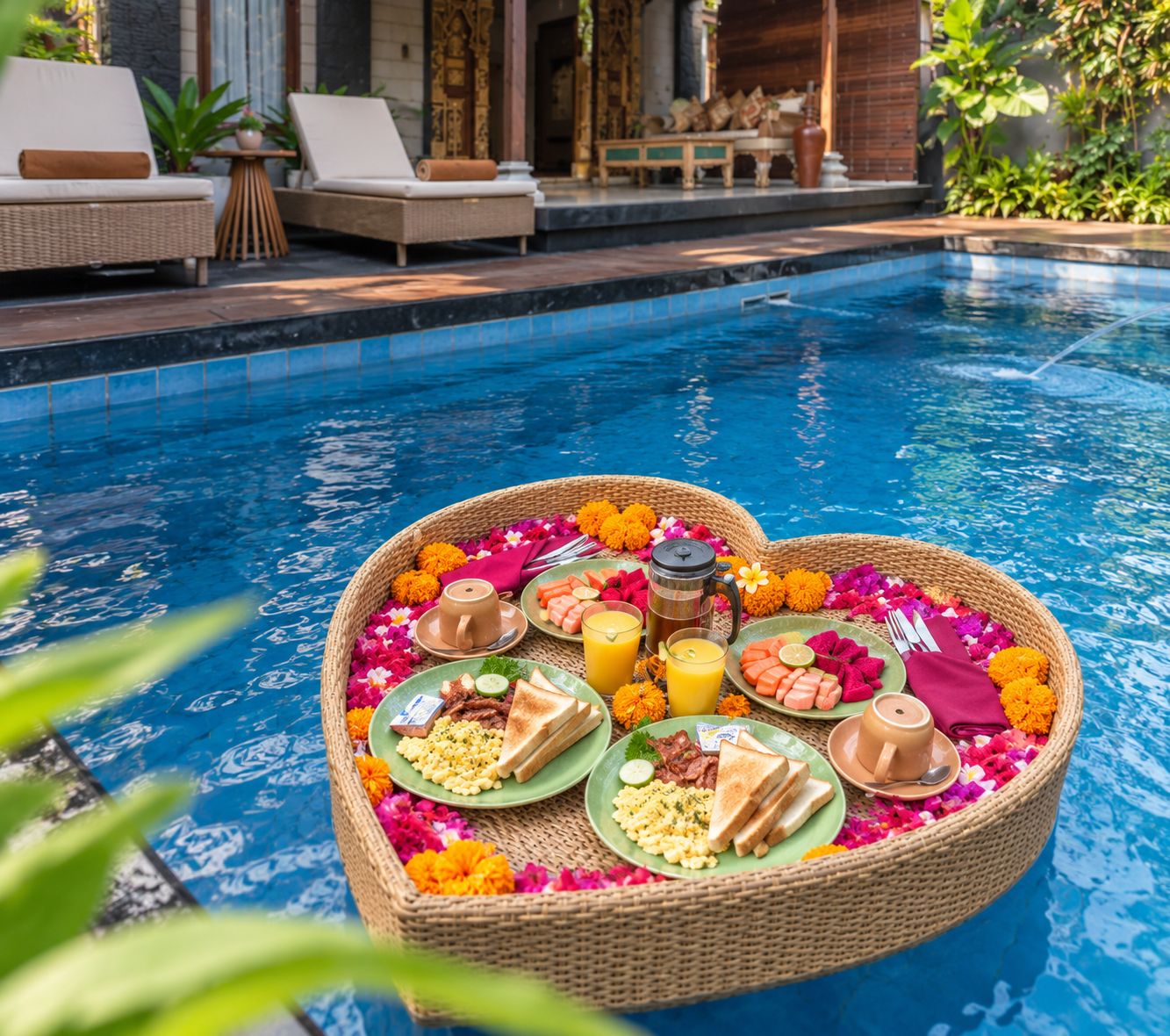Bandeja flutuante em formato de coração com itens de café da manhã e bebidas em uma piscina.