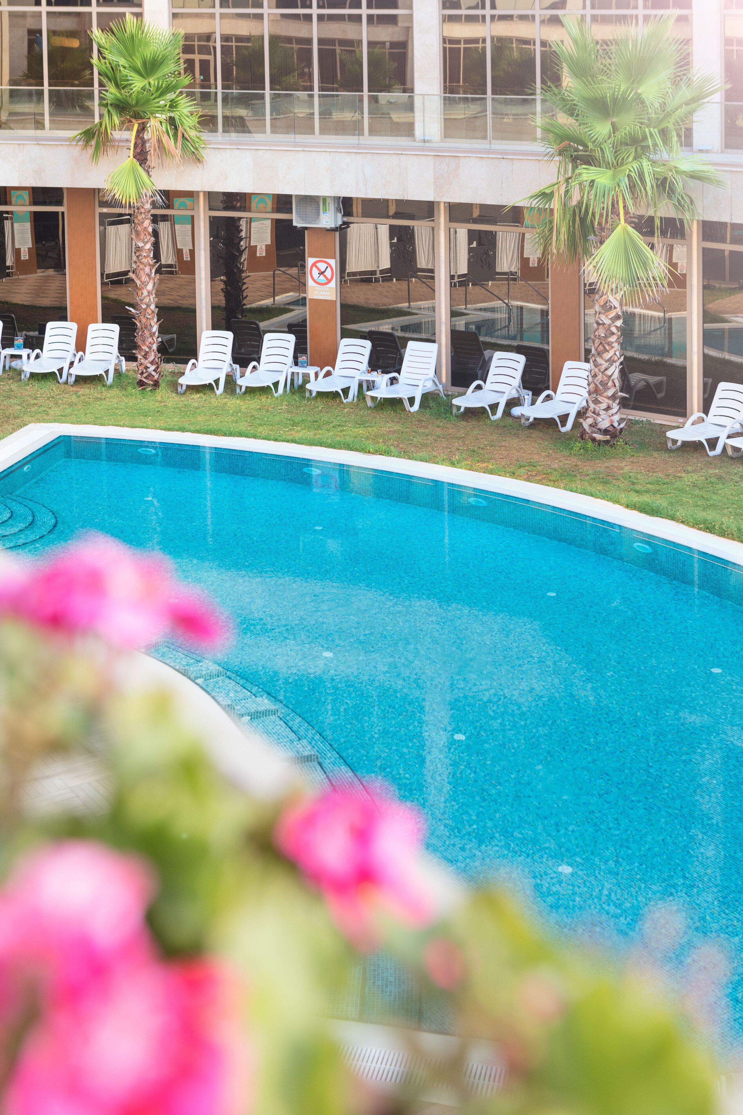 Piscina com espreguiçadeiras e palmeiras, cercada por um edifício com janelas amplas.