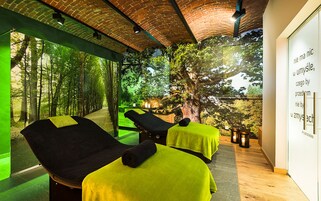 Um espaço de spa com duas mesas de massagem, teto de tijolos e vista para árvores através de grandes janelas.