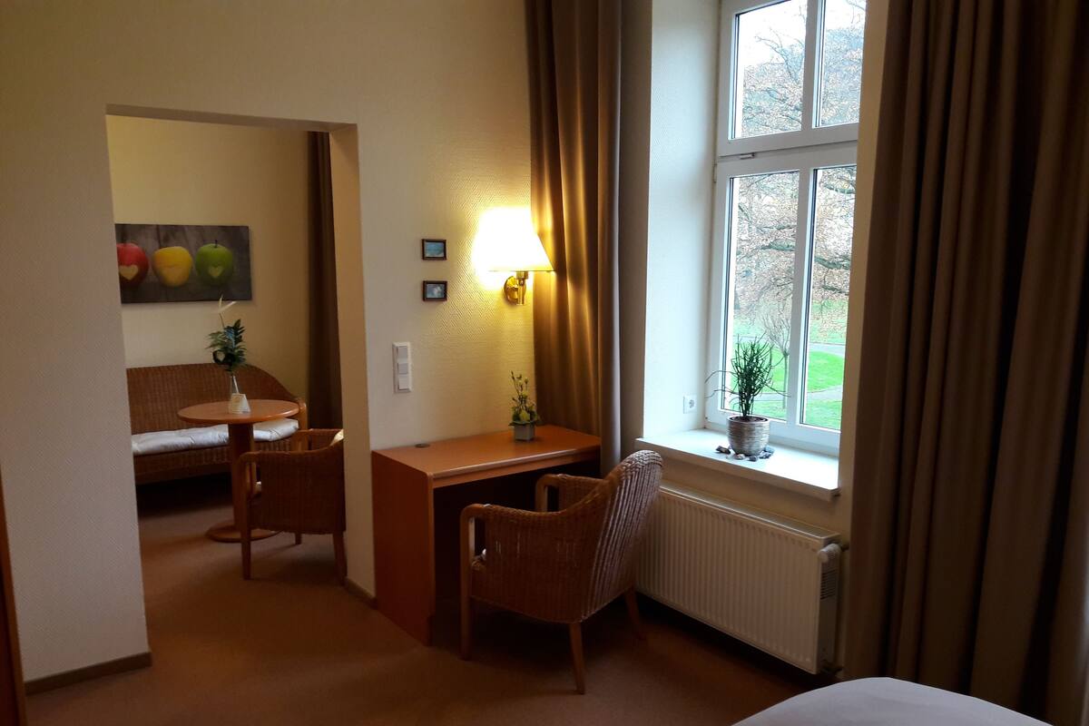 Quarto de hotel com cama, escrivaninha, cadeira, janela com cortinas, radiador e uma pequena planta em vaso.