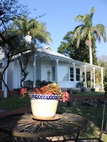 Uma casa branca com varanda, cercada por árvores e uma palmeira.