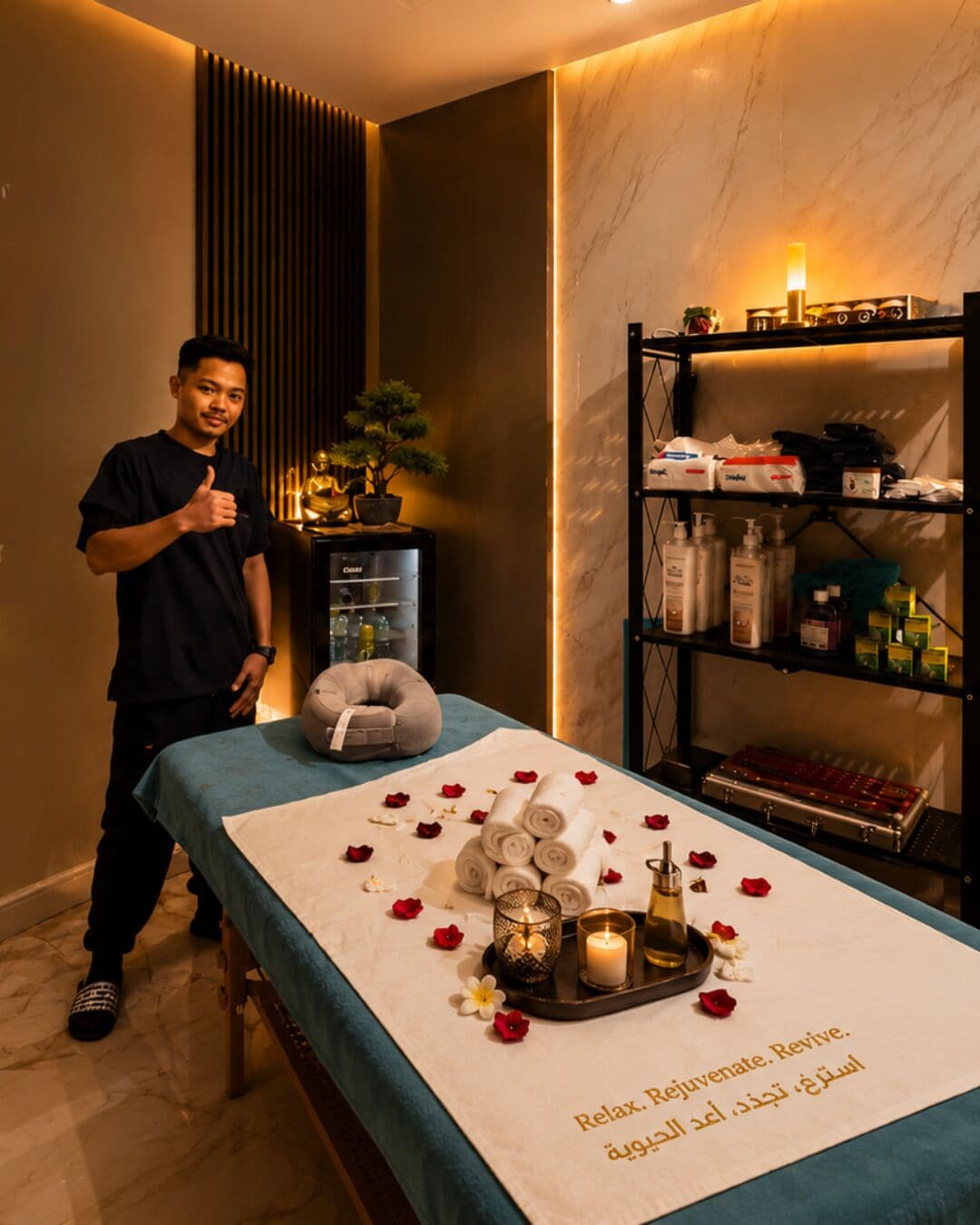 Uma mesa de massagem com toalha e pétalas de rosa, uma cadeira de massagem e uma prateleira com frascos e uma vela.