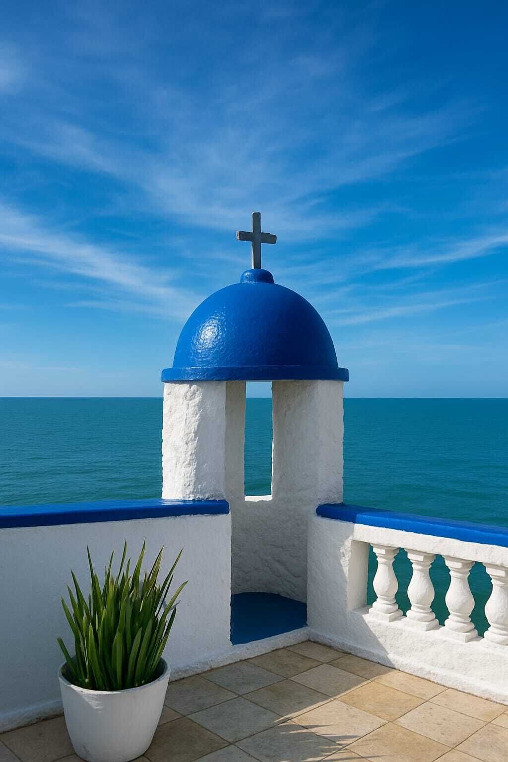 Uma estrutura branca e azul com uma cruz no topo, com vista para o mar.
