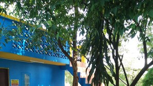 Uma área externa com mesas e cadeiras, cercada por árvores e um edifício azul com detalhes em treliça.