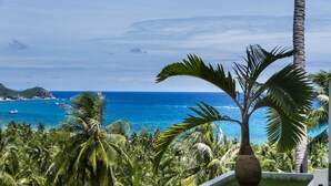 Vista de uma área costeira com uma palmeira e um vaso branco em primeiro plano, oceano azul límpido e barcos ao longe.