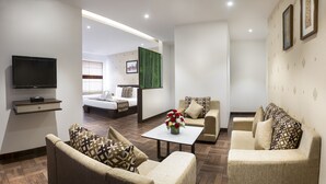 Quarto de hotel com cama, televisão, sofá, mesa de centro e um vaso decorativo.