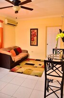 Apartamento Exclusivo, 1 cama queen-size, cozinha, vista para a montanha | Sala | Televisor de ecrã plano de 50 polegadas com canais por cabo, televisor 