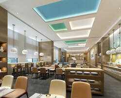 Interior de restaurante moderno com pé-direito alto, iluminação pendente e área de estar central.