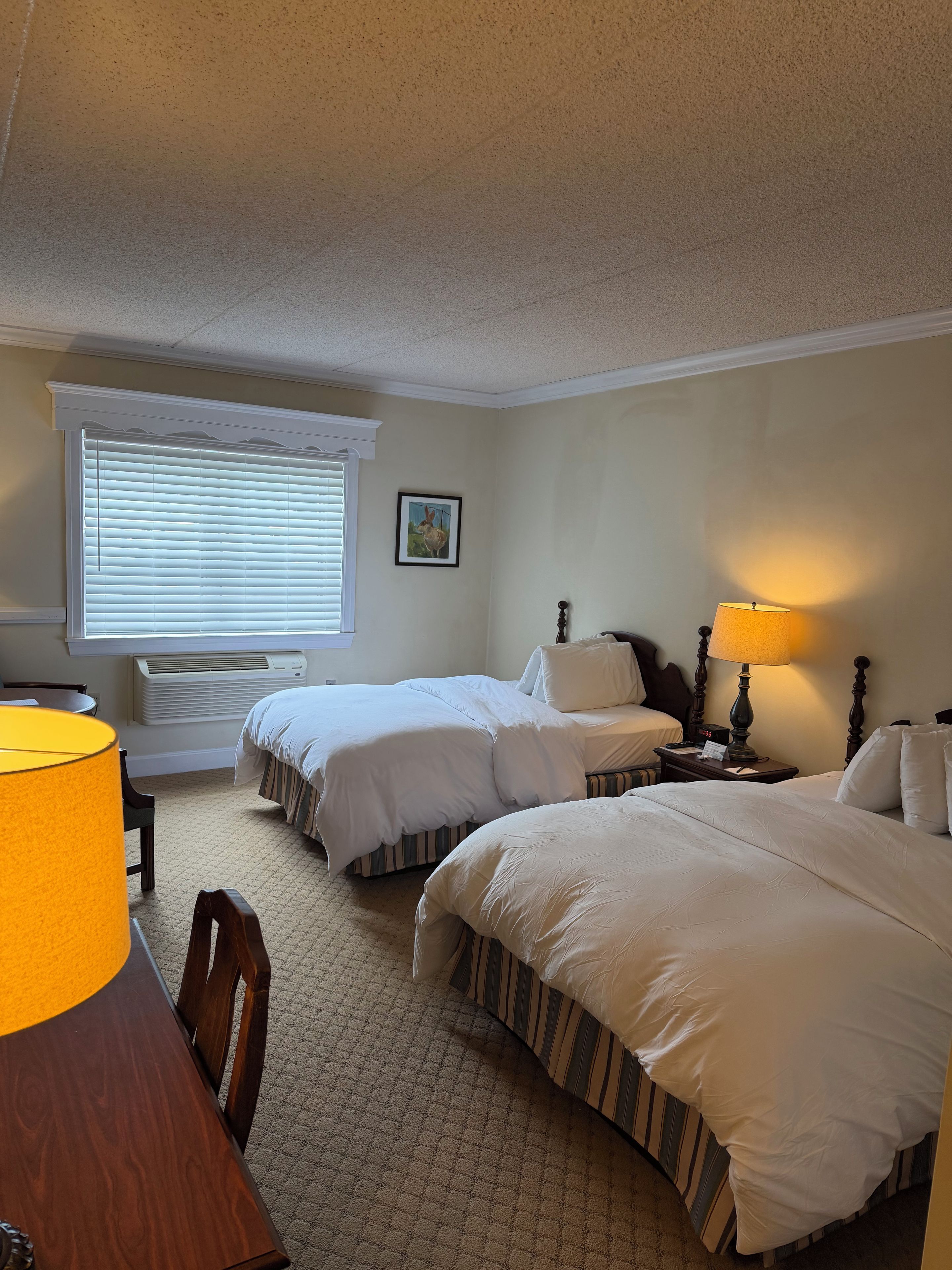 Quarto de hotel com duas camas, uma escrivaninha, uma cadeira, um abajur e um quadro na parede.