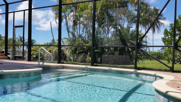 Uma piscina com água azul cristalina, rodeada por um compartimento de vidro, e palmeiras ao fundo.