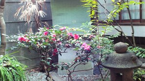 Um jardim japonês tradicional com um lampião de pedra, uma árvore bonsai e um pequeno lago.