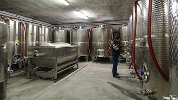 Uma instalação industrial de aço inoxidável com grandes tanques e tubulações, provavelmente para produção ou processamento.
