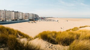 Um hotel à beira-mar com vários andares, uma praia ao fundo e dunas em primeiro plano.