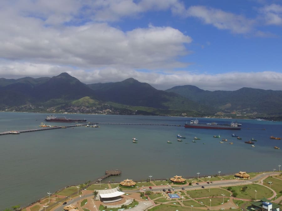 Paisagem costeira com uma extensa massa de água, vários navios e montanhas ao fundo.
