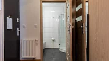 Uma casa de banho com sanita, cabine de duche em vidro, radiador branco e porta com estrutura de madeira.