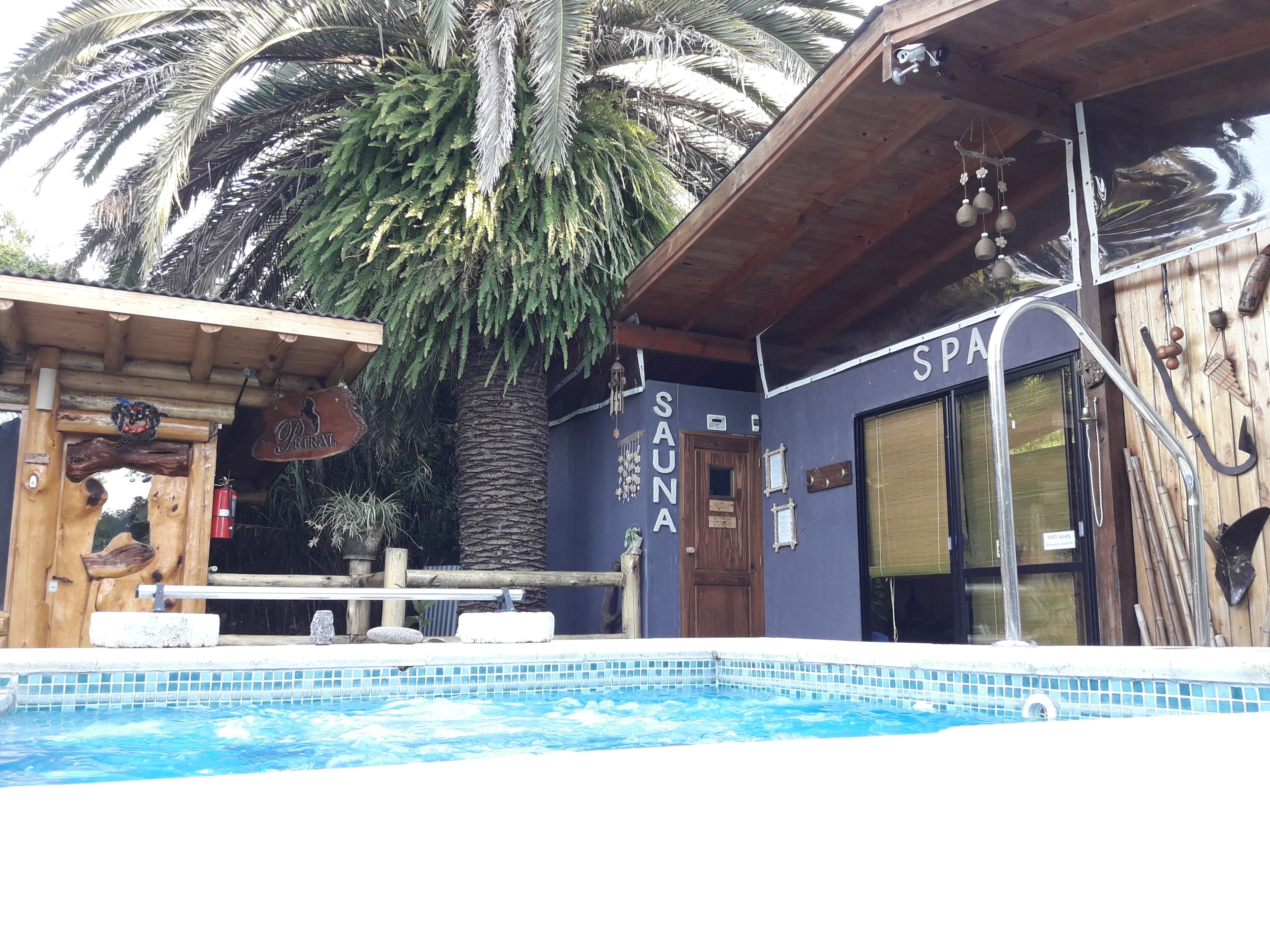 Um spa com piscina, arquitetura de madeira e uma palmeira ao fundo.