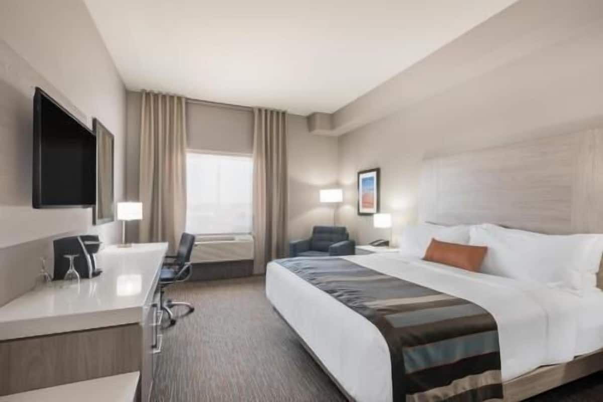 Quarto de hotel com cama, escrivaninha, cadeira, televisão, janela com cortinas e um quadro na parede.