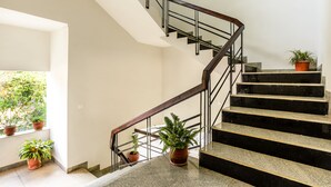 Escadaria com degraus pretos e corrimãos de metal, rodeada por plantas em vasos.