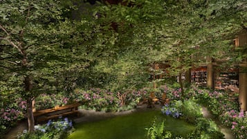 Um jardim exuberante com um banco de madeira e um caminho que leva a um edifício com estantes.