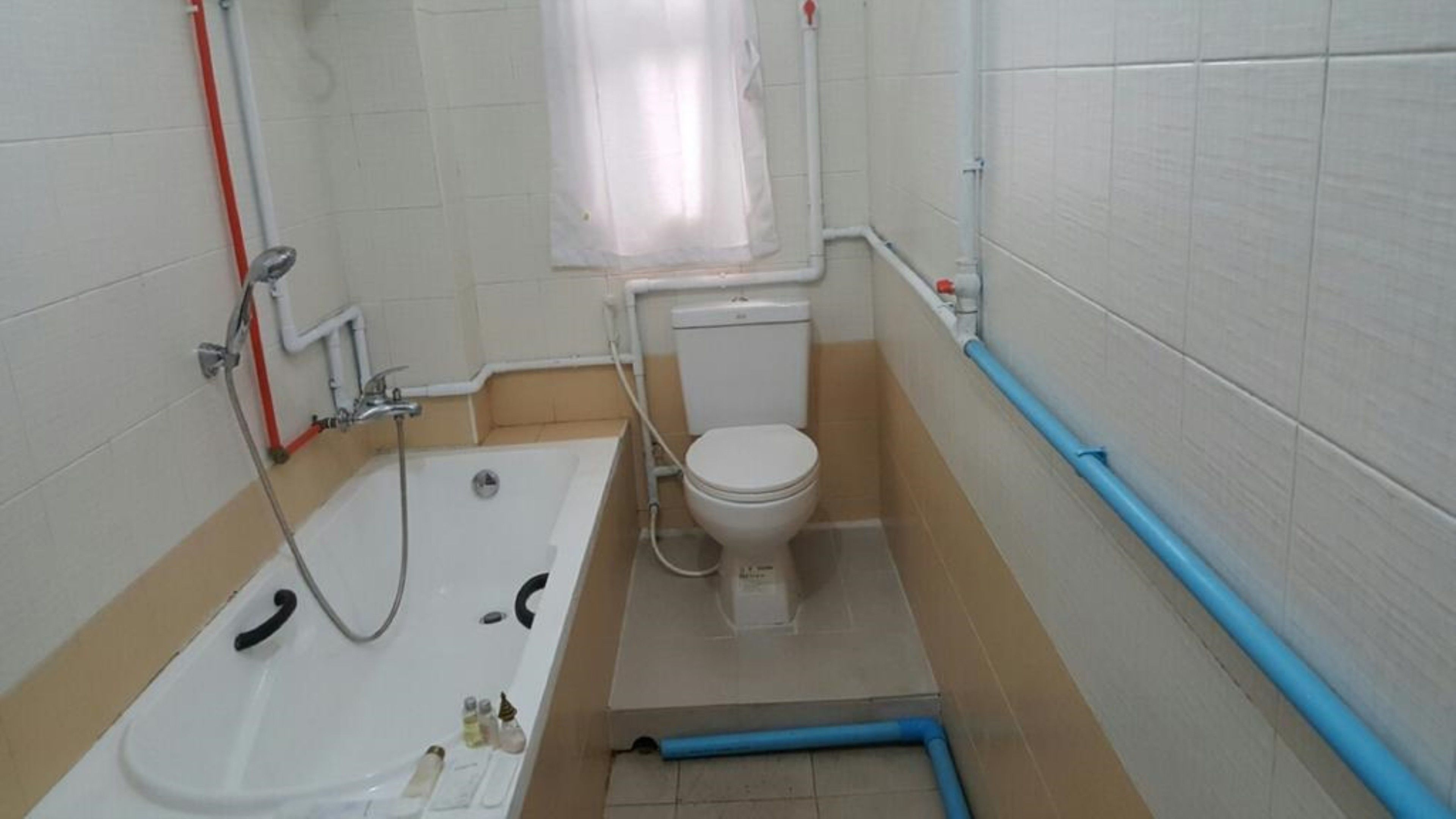 Um banheiro pequeno com banheira branca, vaso sanitário e chuveiro.