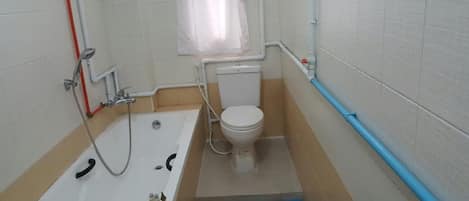 Um banheiro pequeno com banheira branca, vaso sanitário e chuveiro.