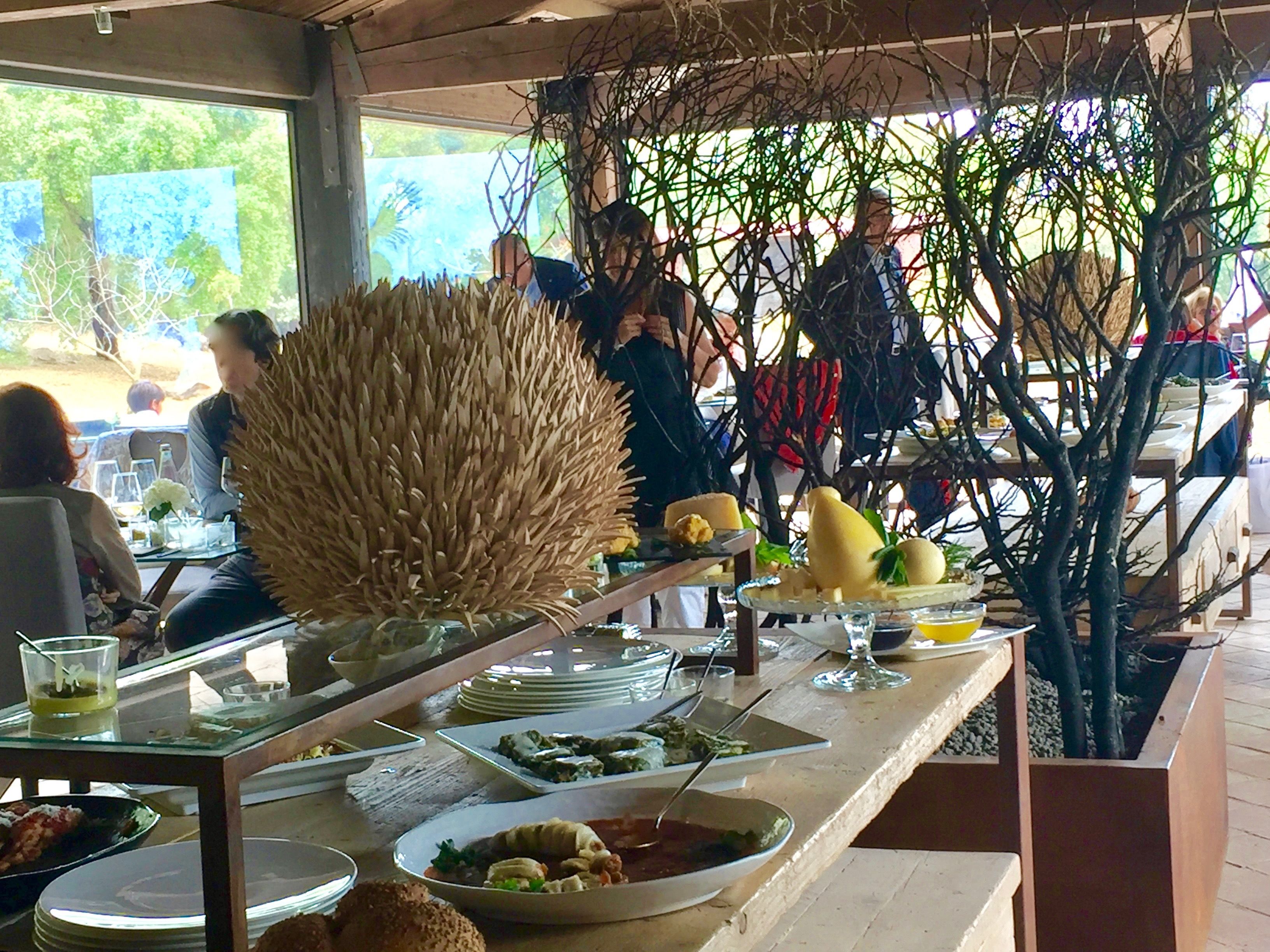 Disposição de buffet com diversos pratos e uma planta decorativa.